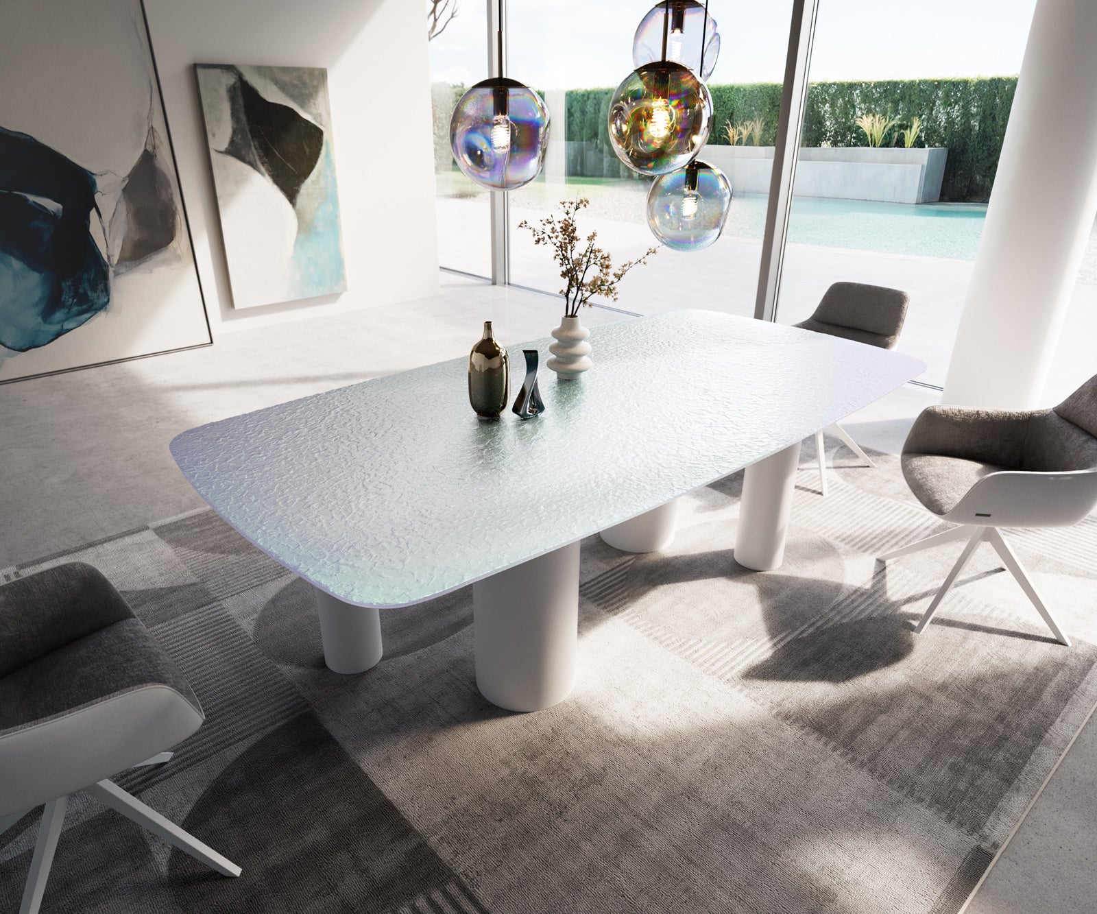 Dining Table Pearl 240x120cm Glass Four Pillars Frame White