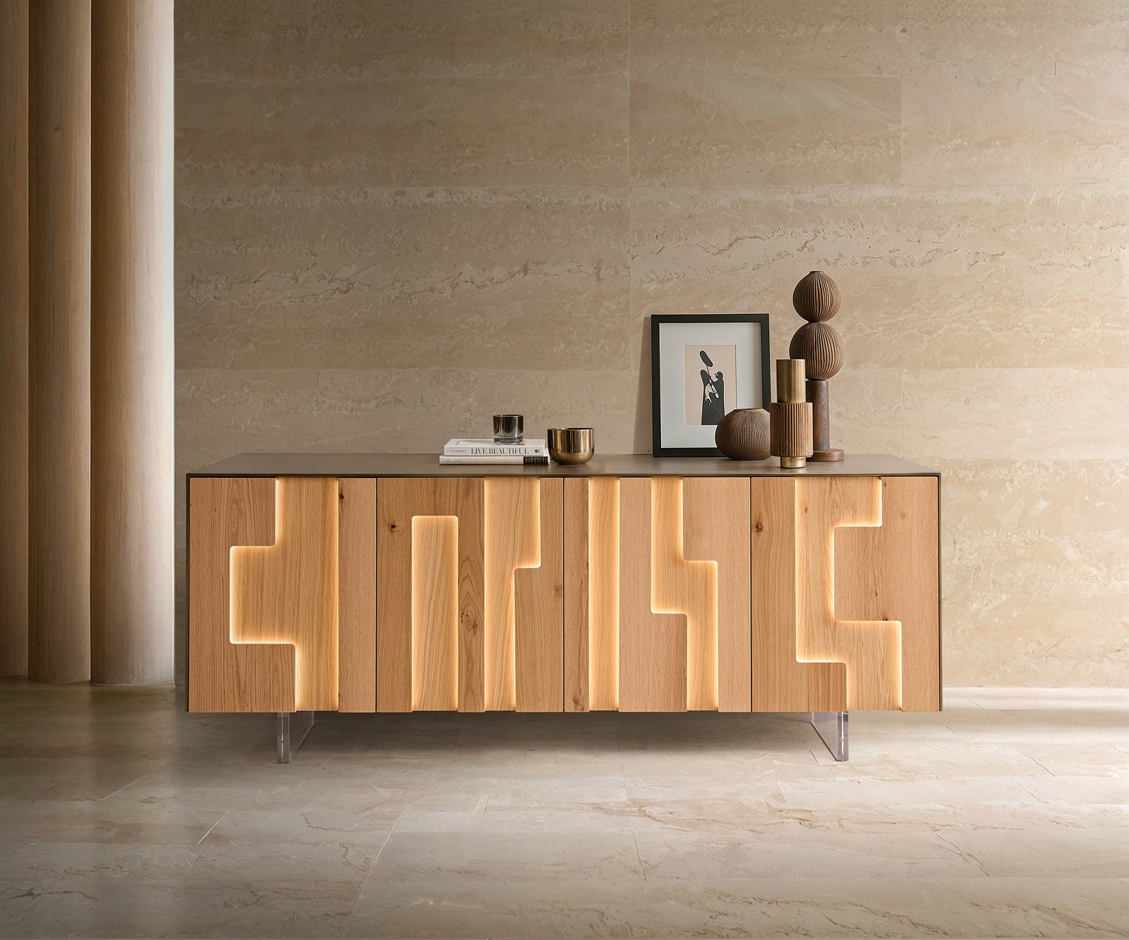 Sideboard Taka 200cm 4 Doors White Oak Veneer Acryl Feet