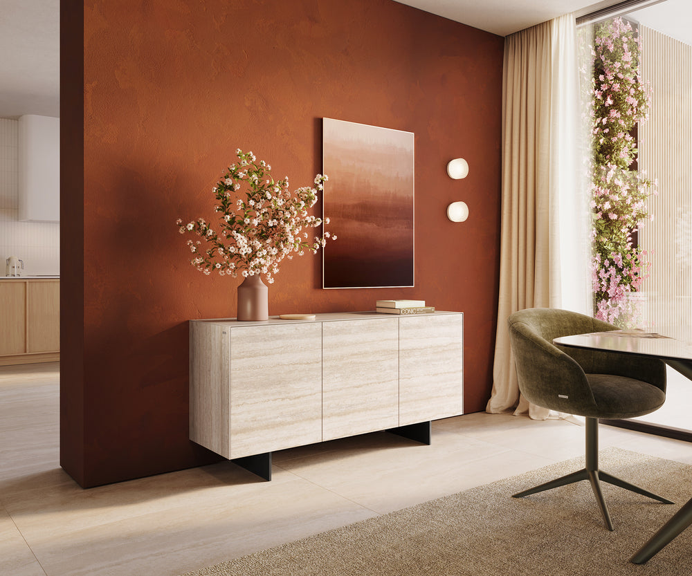 Sideboard Cuor 150cm Ceramic Travertino Bianco 3 Doors Narrow Feet Bla