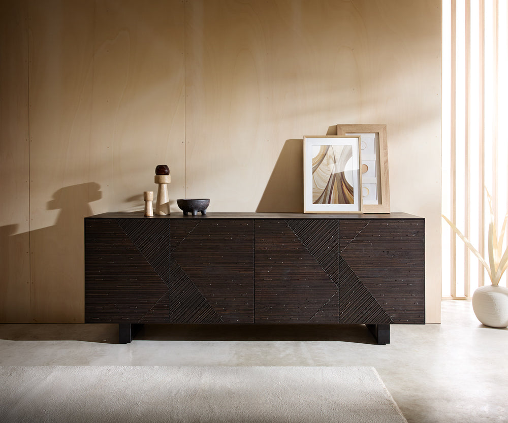 Sideboard Tereos 200cm Ash Wood Dark Brown 4 Doors Square Feet Black