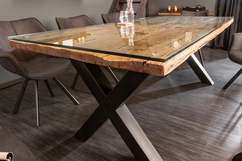 Dining Table Barracuda 220cm Recycled Teak Wood Brown X-Frame With Gla