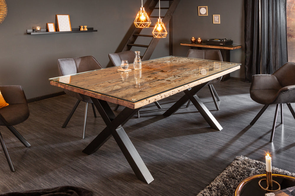 Dining Table Barracuda 180cm Recycled Teak Wood Brown X-Frame With Gla